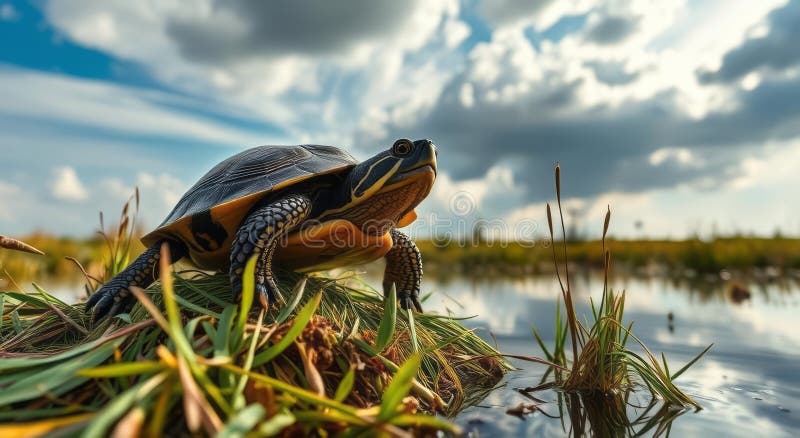 Western Painted Turtle Perched on Vegetation Above Pond Nature ...
