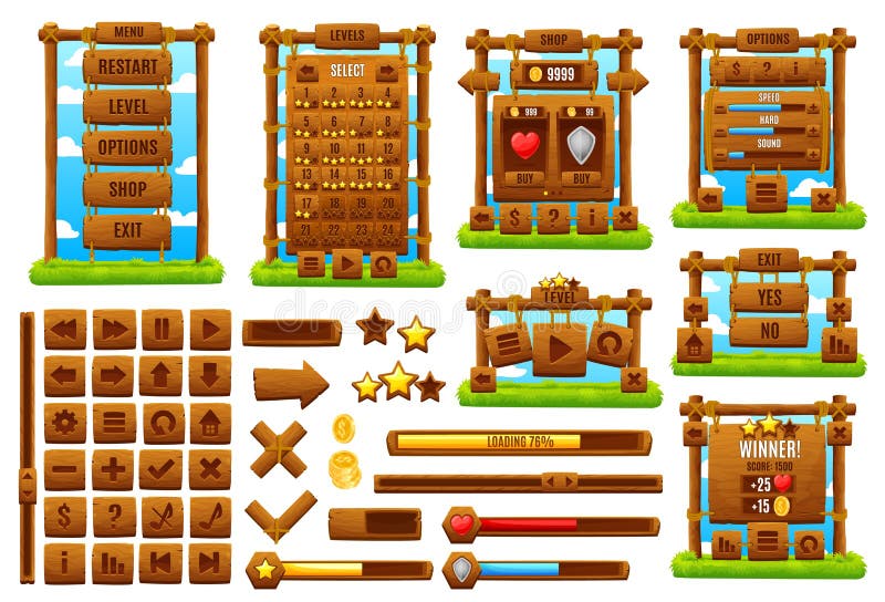 Wooden Buttons Cartoon Interface, Game UI Elements Stock Vector ... Wooden Buttons Cartoon Interface, Game UI Elements Stock Vector ...