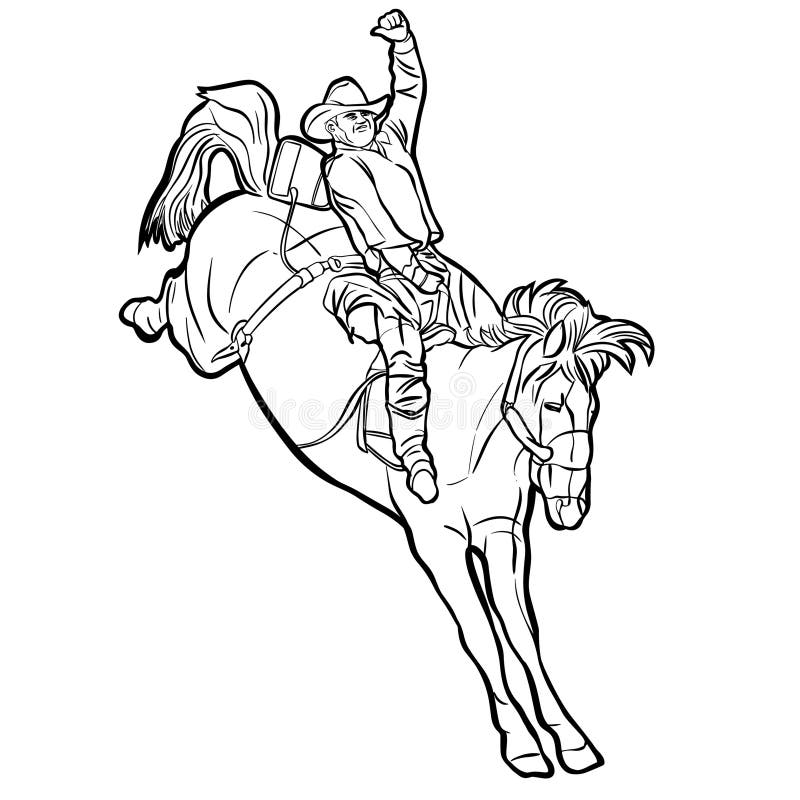 Western Rodeo Cowboy Riding Horse Bucking Outline Stroke Stock Vector ...