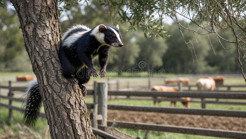 Western Spotted Skunk Climbing Tree beside Livestock Paddock Stock ...