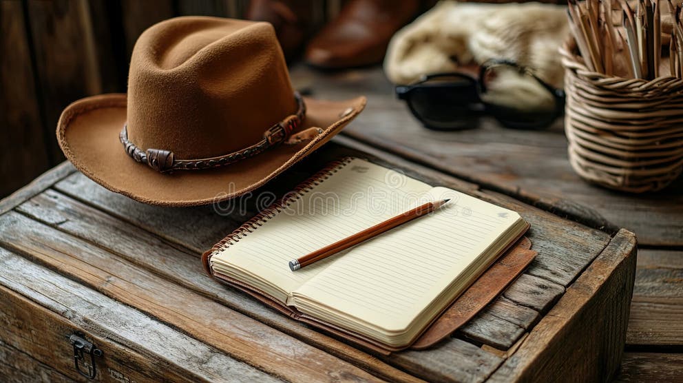 Western Style Notebook and Cowboy Hat on Wooden Table Stock Photo ...
