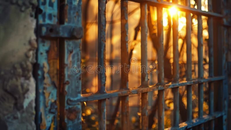 The Western Sunset Casts Deep Shadows through the Wrought Iron Bars of ...