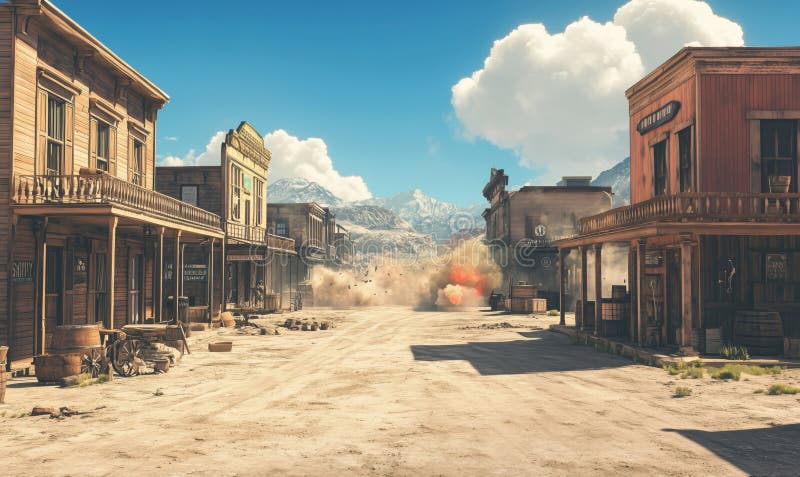 Western Town Street Scene with Explosion and Mountains in Background ...