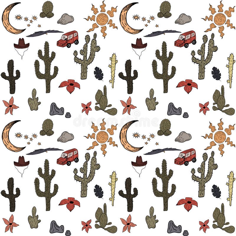 Western Vibes Pattern with Cactus Car and Sun Stock Vector ...