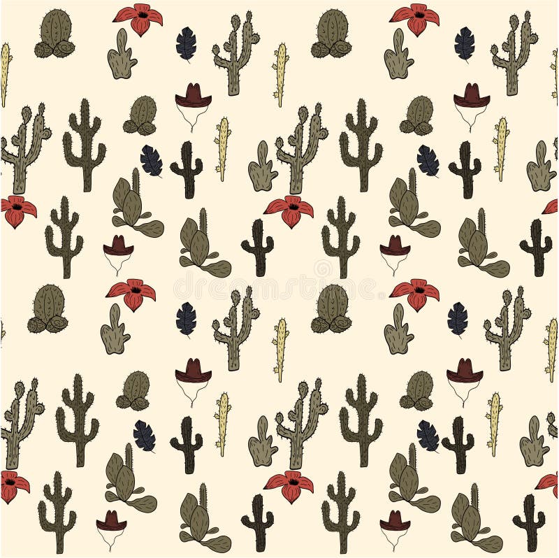 Western Vibes Pattern with Cactus and Flowers Stock Vector ...