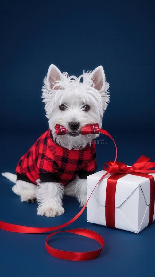 Westie Dog in Plaid Sweater with Red Ribbon in Studio Setting Stock ...