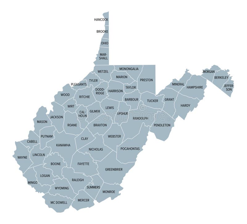 West Virginia, U.S. State with 55 Counties, Gray Political Map Stock ...
