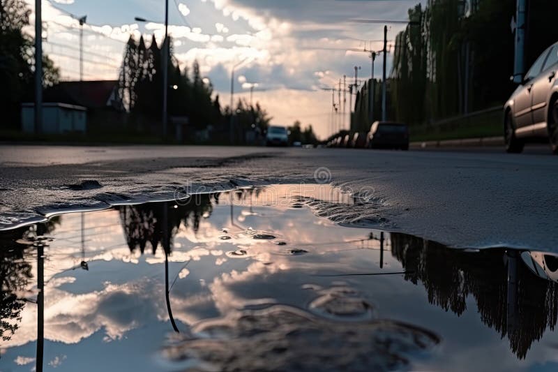Wet Asphalt with Puddle in the Middle, Creating Reflection of Sky Stock ...