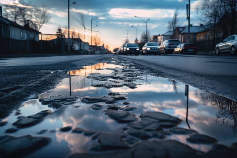 Wet Asphalt with Puddle in the Middle, Creating Reflection of Sky Stock ...