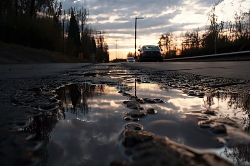 Wet Asphalt with Puddle in the Middle, Creating Reflection of Sky Stock ...