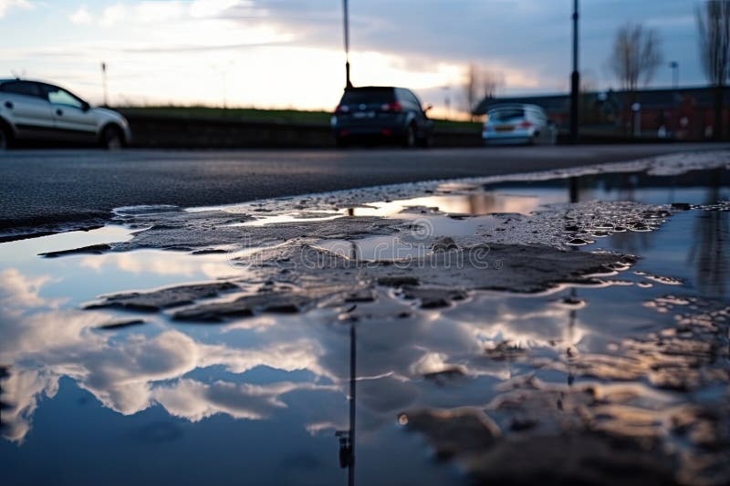 Wet Asphalt, with Puddle and Reflection of the Sky Visible Stock ...