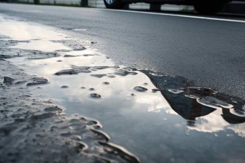 Wet Asphalt, with Puddle and Reflection of the Sky Visible Stock ...