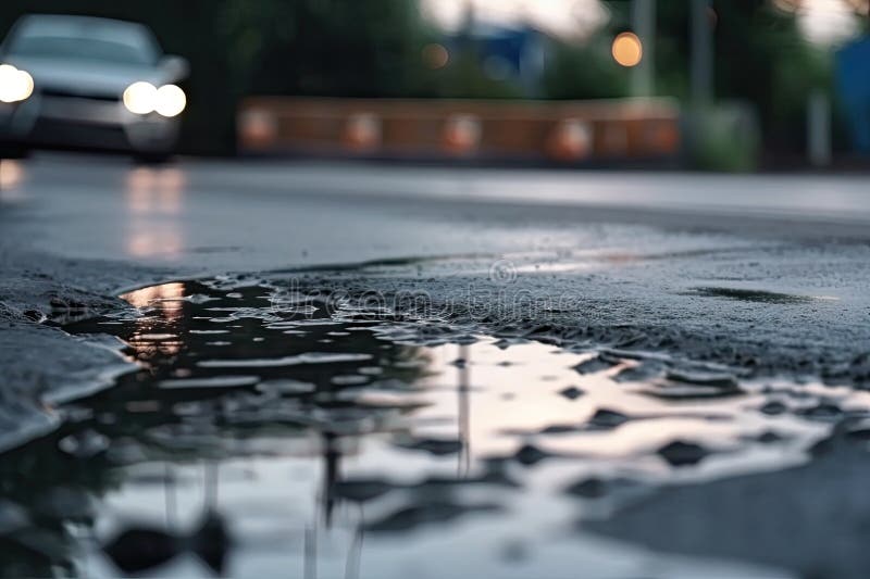 Wet Asphalt with Puddle Reflections and Blurred Background Stock ...