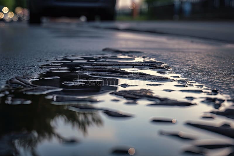 Wet Asphalt with Puddle Reflections and Blurred Background Stock ...