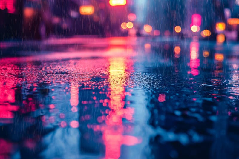 Wet Asphalt Reflecting Neon Lights City Night Rain Falling Stock Photos ...