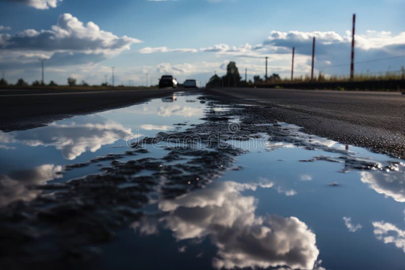 Wet Asphalt, with Reflection of the Blue Sky and Clouds Stock ...