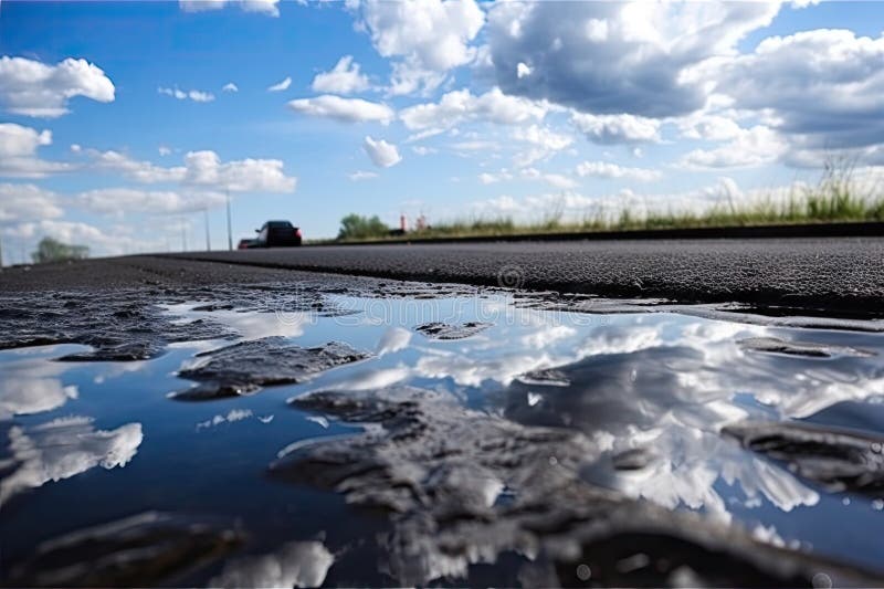 Wet Asphalt with Reflection of the Blue Sky and Fluffy Clouds Stock ...