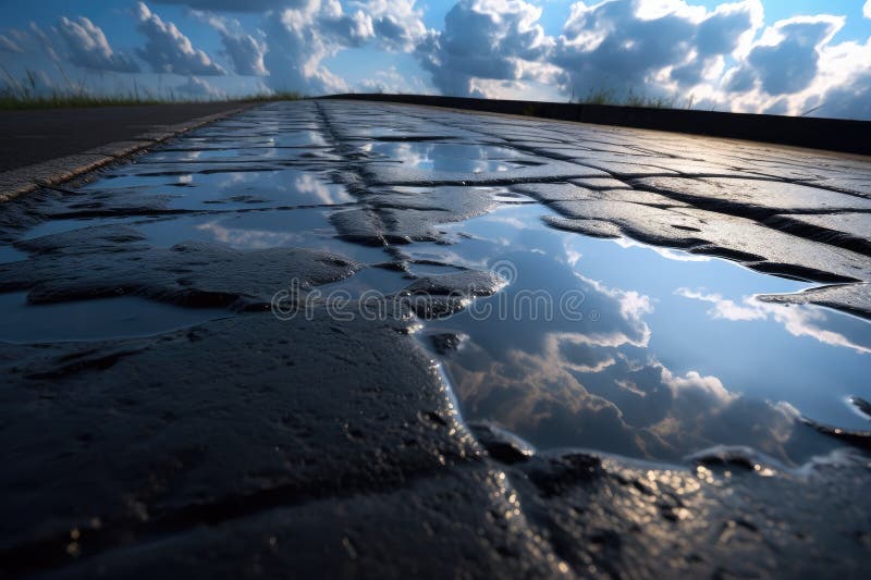 Wet Asphalt with Reflections of the Blue Sky and Clouds Stock ...