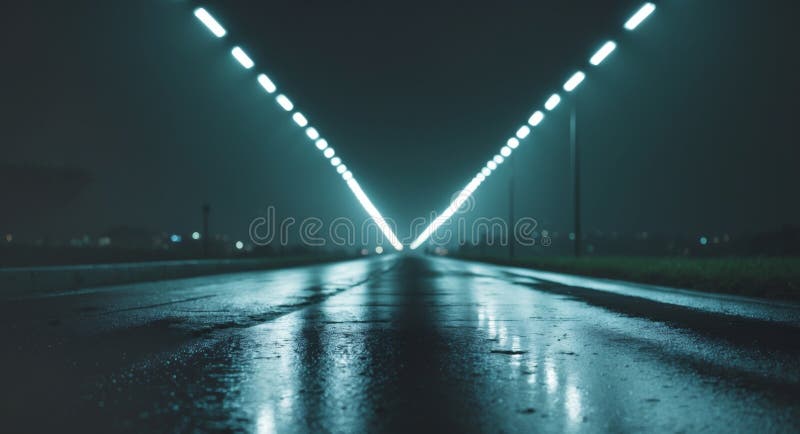 Wet Asphalt Road Glowing with Tunnel Lights at Night Stock Photo ...
