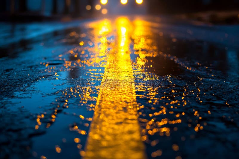 Wet Asphalt Road at Night Reflecting City Lights Stock Illustration ...