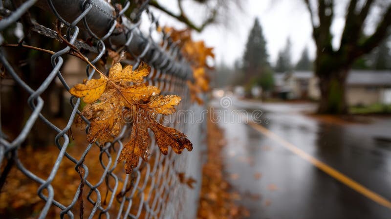 Wet Autumn Leaves on Chainlink Fence Stock Photo - Image of cold ...