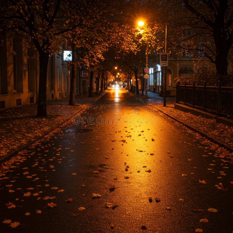 Wet Autumn Night Street with Orange Lights Stock Illustration ...