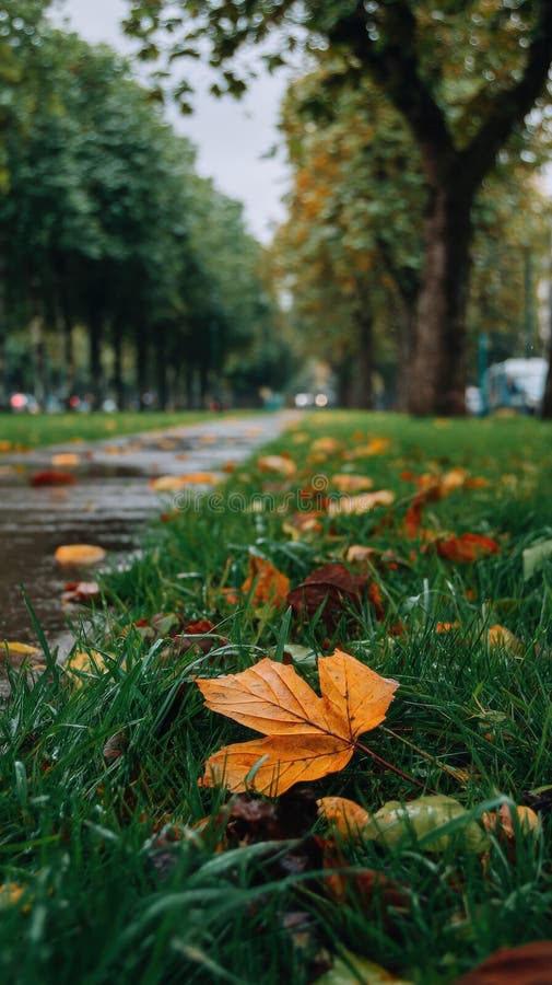 Wet Autumn Path Fallen Leaves Green Grass Soft Focus Stock Photos ...