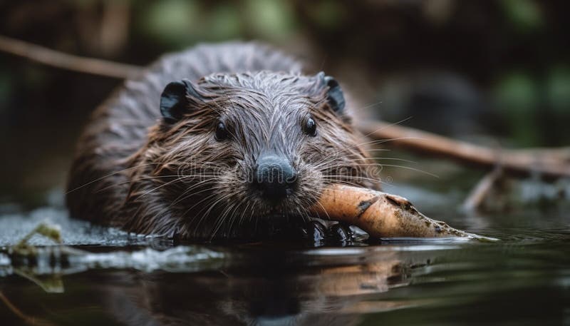 Wet Beaver Eating Fish in Tranquil Pond Generated by AI Stock ...