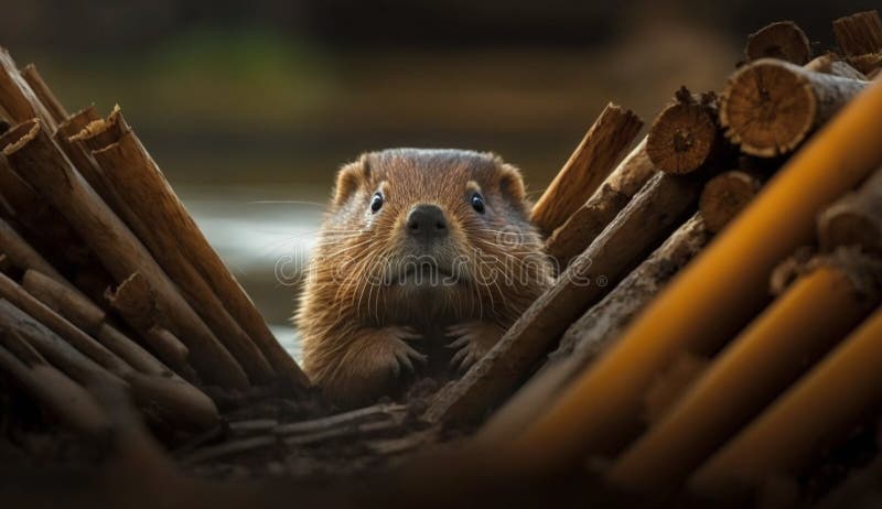 Wet Beaver Looks at Camera with Log Generated by AI Stock Illustration ...