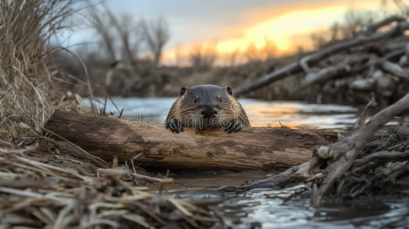 Wet Beaver Resting on a Log in the Water after Sunset Stock Image ...