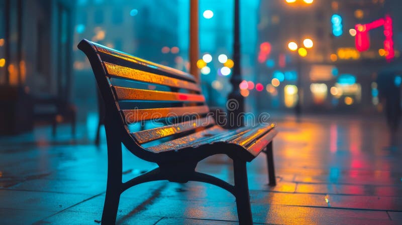 A Wet Bench Under Neon City Lights Stock Illustration - Illustration of ...