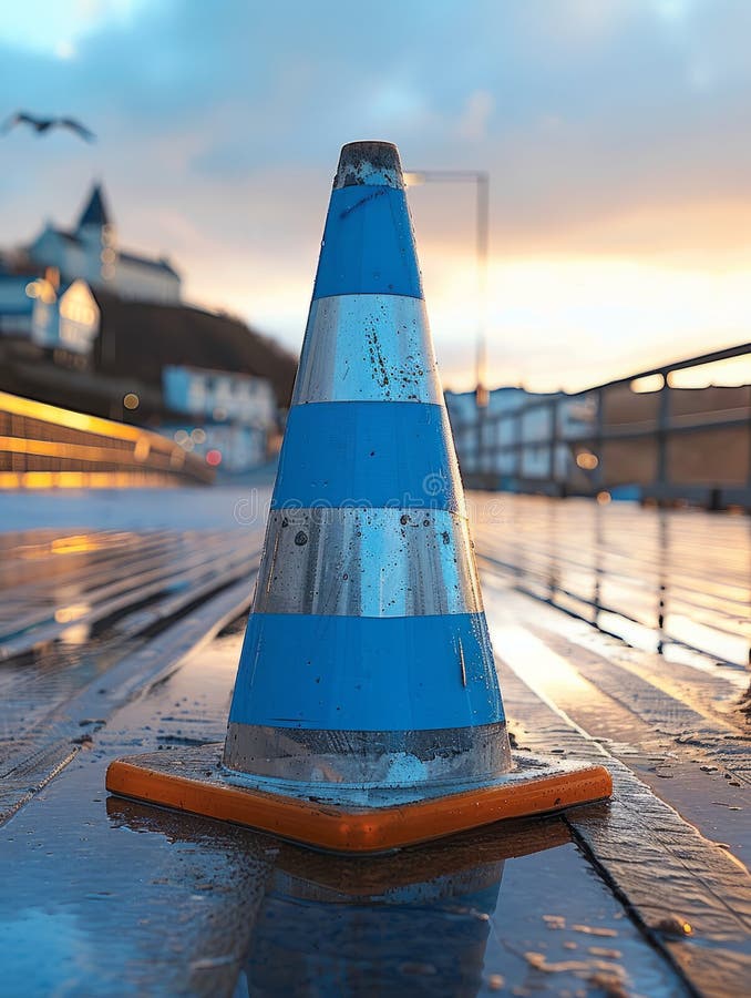 Wet Blue and Orange Traffic Cone on a Reflective Walkway at Sunset ...