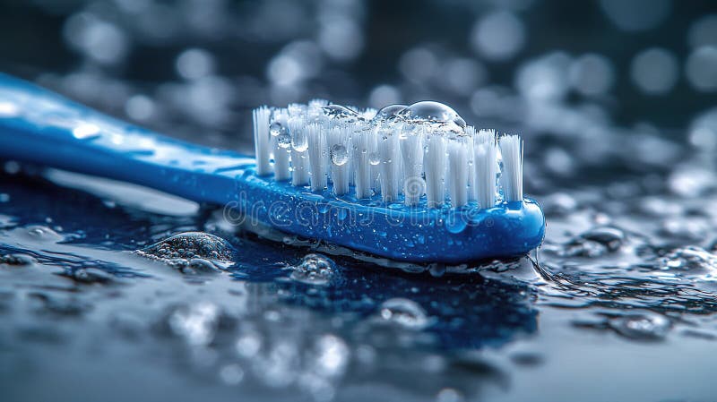 Wet Blue Toothbrush on Dark Surface with Water Droplets, Hygiene ...