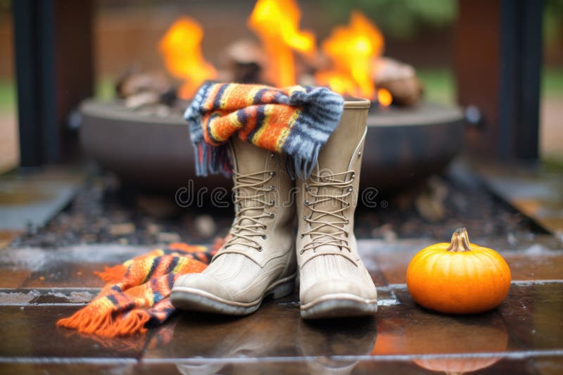 Wet Boots, Woven Scarf on Flagstone by Fire Stock Illustration ...