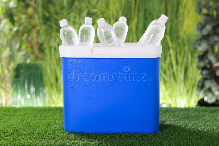 Wet Bottles of Water in Cooler Box on Artificial Grass Stock Image ...