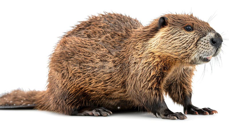A Wet Brown Beaver with Its Tail Flat on the Ground, Looking To the ...