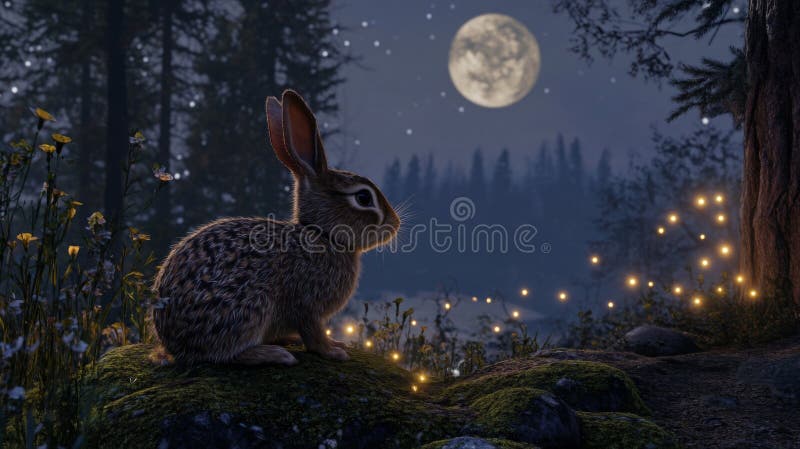 Wet Brown Rabbit in a Magical Forest at Night Stock Illustration ...