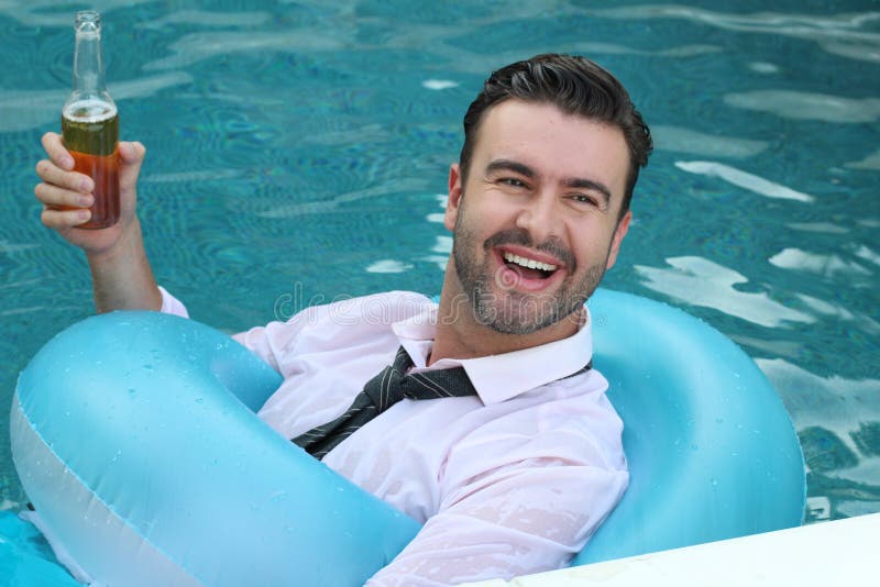 Wet Businessman Drinking Beer in Swimming Pool Stock Photo - Image of ...