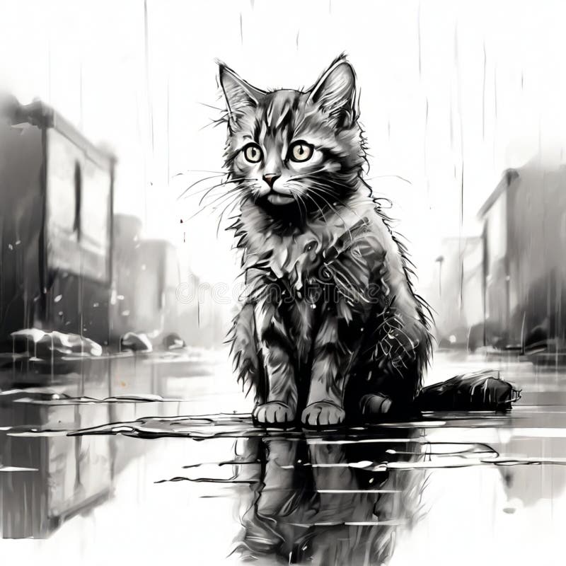 A Wet Cat Sits Alone Against the Backdrop of a Desolate Urban Landscape ...
