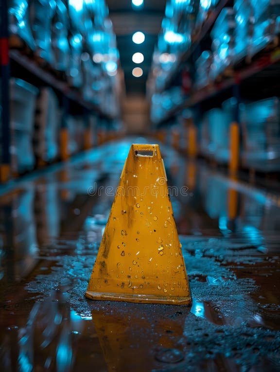 Wet Caution Cone in a Dimly Lit Warehouse with Water Reflections. Stock ...
