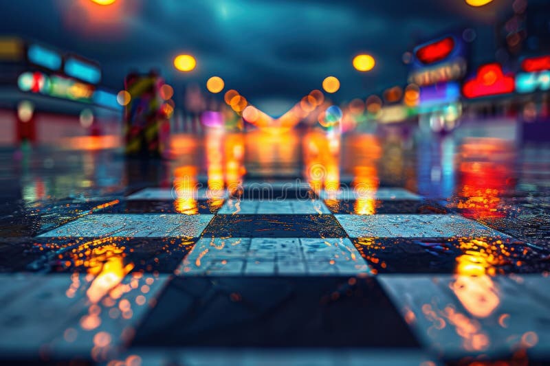 Checkered Path Under a Rainy City Night Stock Illustration ...