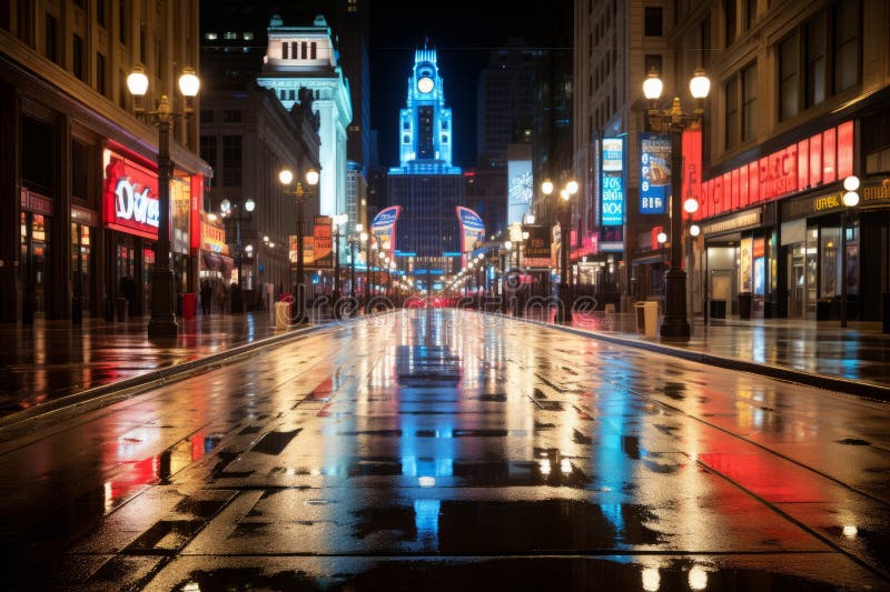 A wet city street at night stock illustration. Illustration of blur ...