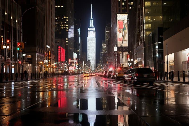 A wet city street at night stock illustration. Illustration of downtown ...