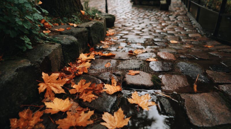Wet Cobblestone Path with Autumn Leaves Stock Image - Image of rain ...