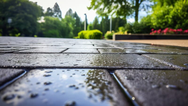 Wet Cobblestone Path after Rain in Lush Park, Closeup Stock Photo ...