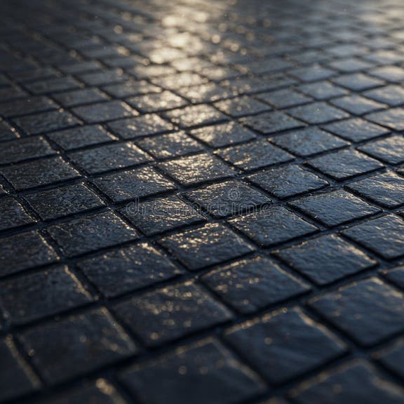 Wet Cobblestone Pavement with a Grid Pattern, Reflecting Light. Each ...
