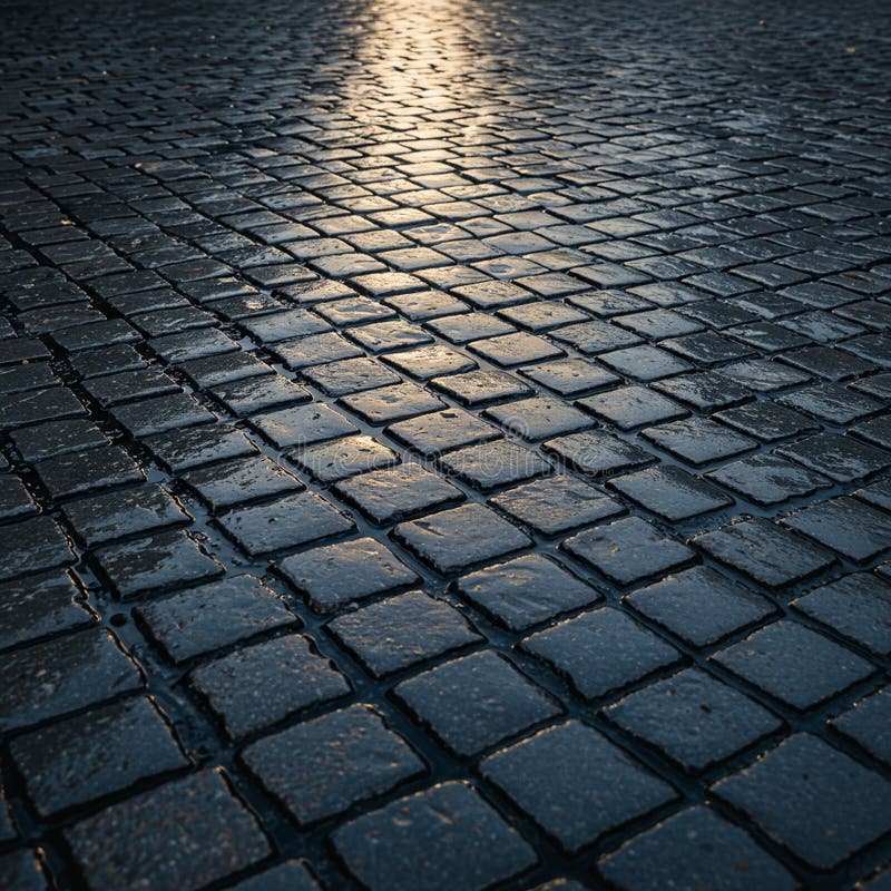 Wet Cobblestone Pavement with Square Stones Arranged in a Grid Pattern ...