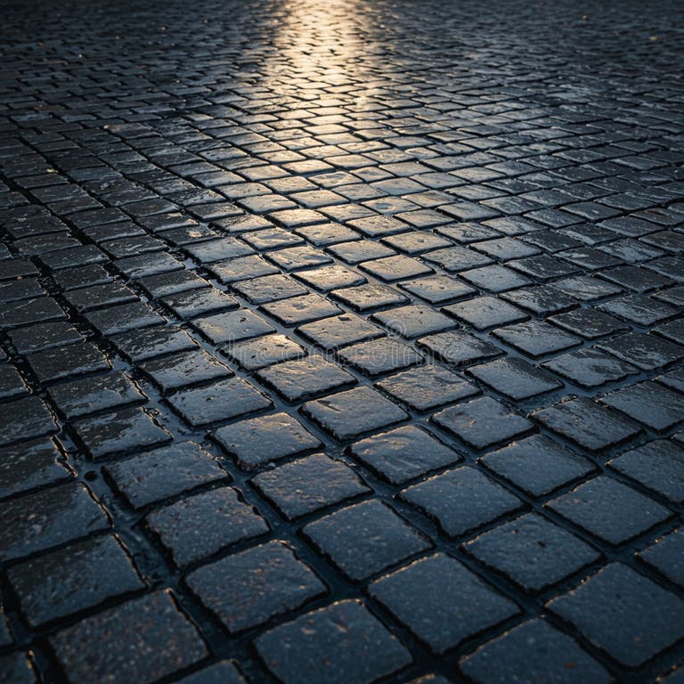 Wet Cobblestone Pavement with Square Stones Arranged in a Grid Pattern ...