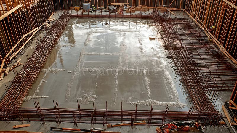 Construction Site Showing Freshly Poured Concrete Foundation with Rebar ...