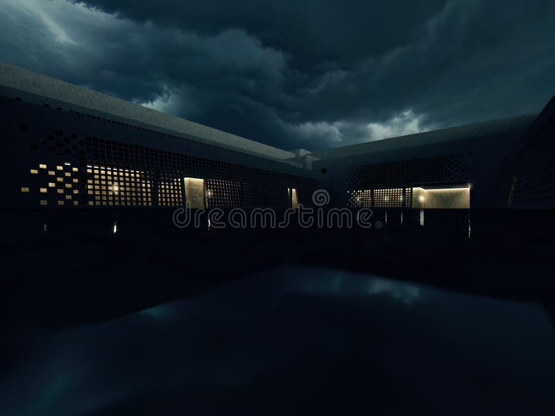 Wet Courtyard by a Modern Concrete Building with Wall Lights. Stock ...